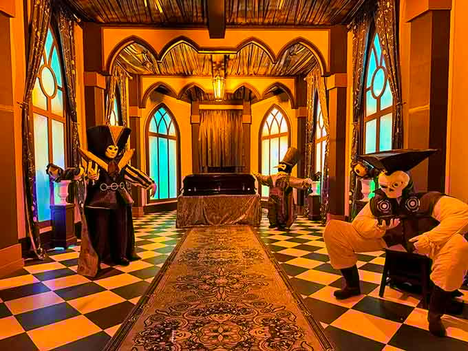 This checkered hallway with dramatic lighting feels like stepping into a storybook where imagination designed every single detail.