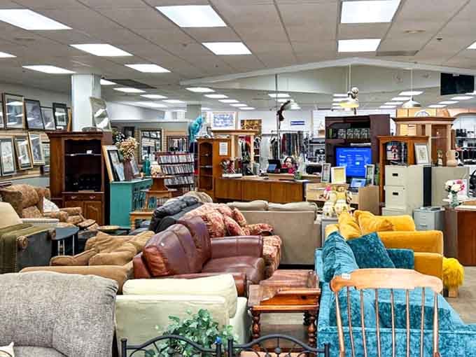 Inside Our House Resale Store, colorful furniture displays and organized sections create a pleasant shopping experience for bargain hunters everywhere.