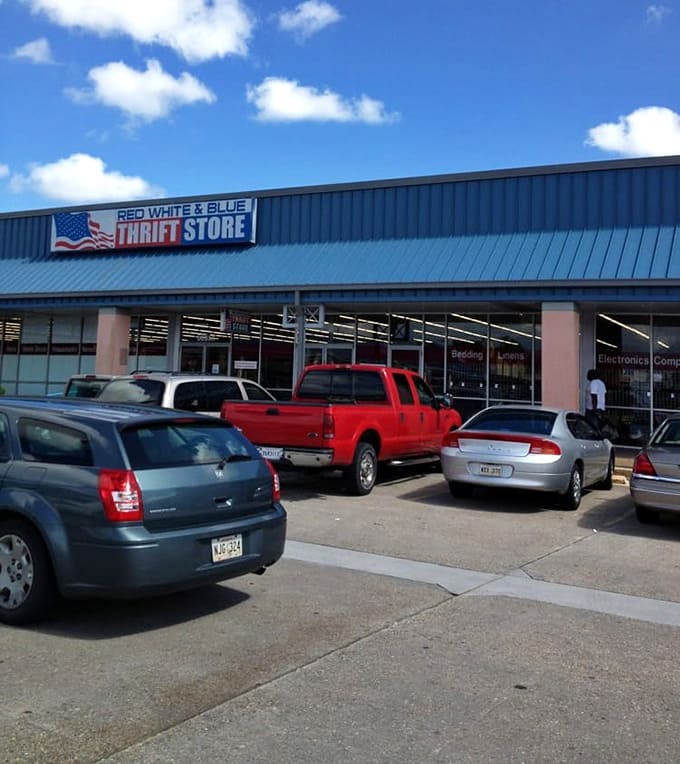 Parking lot packed with possibility! Red White and Blue Thrift Store draws bargain hunters like moths to a flame.