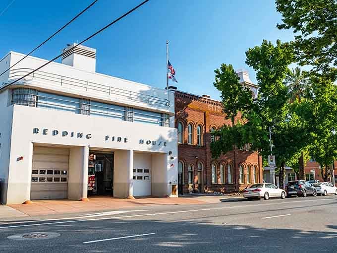 The historic Redding Fire House stands proud in white Art Deco glory, a testament to small-city charm and character.