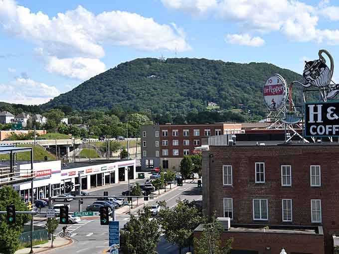Mill Mountain watches over downtown like a protective grandparent keeping an eye on the neighborhood kids below.