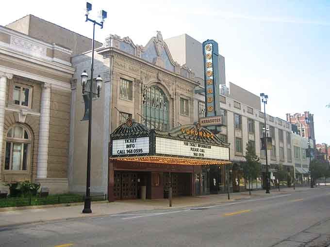 The historic Coronado Theatre stands as Rockford's crown jewel, its marquee lights promising entertainment just as they have for generations.