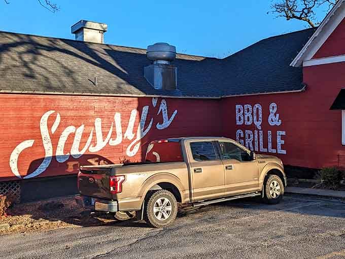 Morning light hitting Sassy's brick-red exterior - a sunrise worth getting up early for.