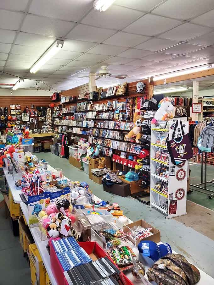 From stuffed animals to sports gear, this packed aisle proves variety truly is the spice of flea market life.