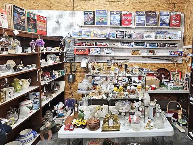 Die-cast cars and vintage glassware share shelf space in this wonderland that would make any collector's heart skip.