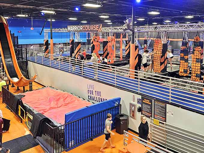 Inside, the warrior course challenges await like an American Ninja Warrior audition without the television cameras watching.