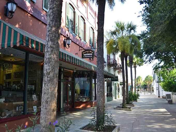 Palm trees frame St. Augustine's historic buildings, nature's exclamation points highlighting Florida's oldest architectural treasures.