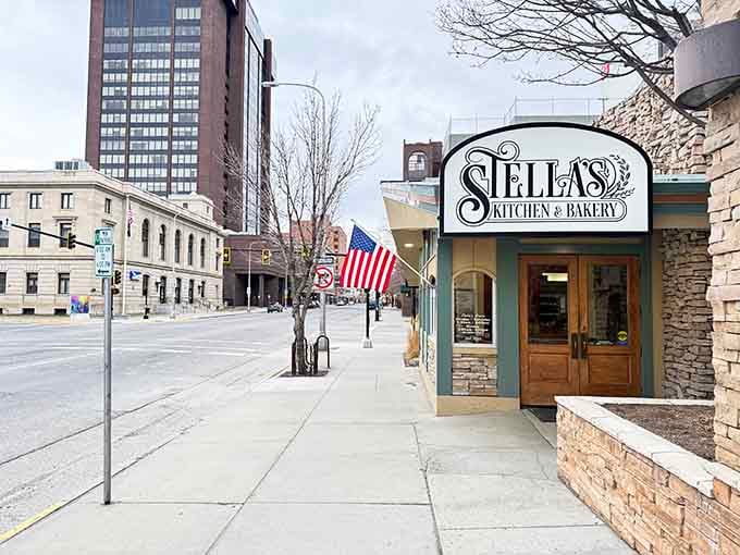The American flag waves proudly outside Stella's, as if to say "This is where patriotic pancakes are served!"
