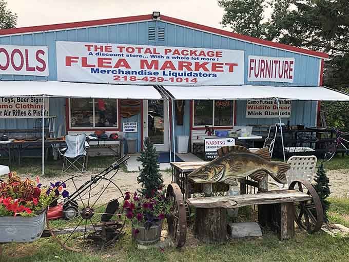 Rustic charm meets practical shopping&mdash;notice how the weathered wood and metal fish create an inviting outdoor display area.