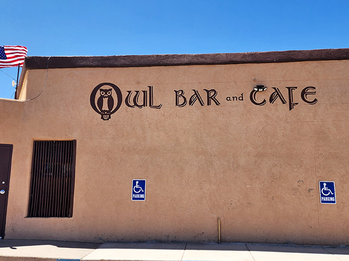 No fancy frills needed when you're home to one of New Mexico's most legendary burgers. That owl knows what's cooking!