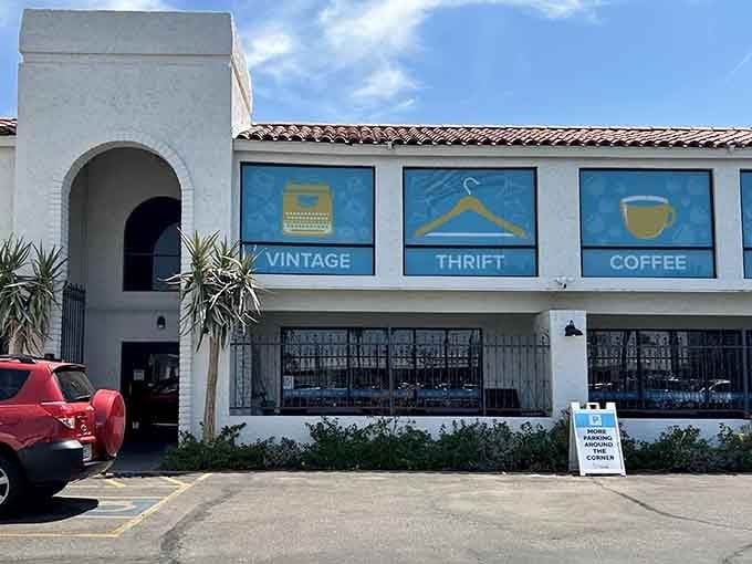 Those decorative palms flanking the entrance add a touch of elegance to this treasure trove of secondhand possibilities.