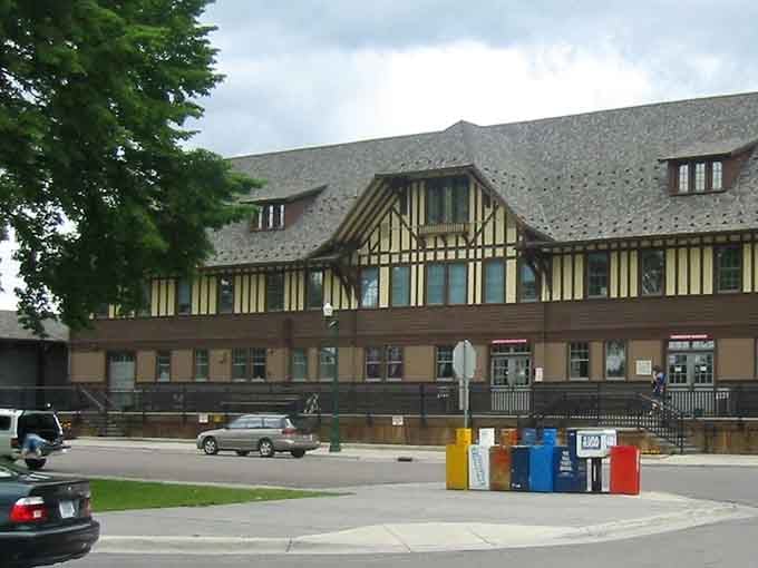 Whitefish's historic train depot showcases beautiful Tudor Revival architecture that welcomes visitors to this charming lakeside mountain community.