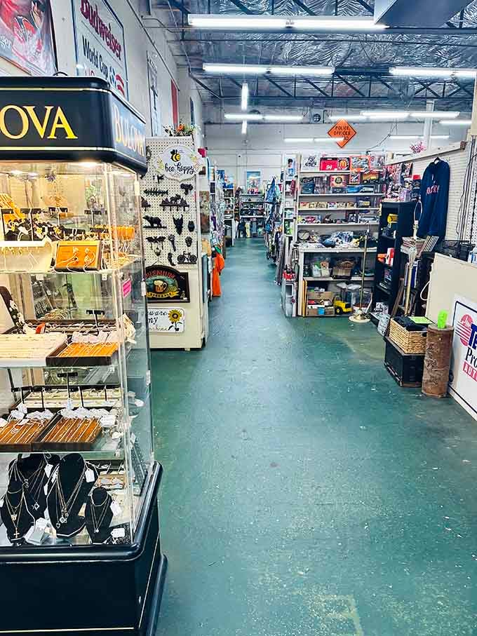 Clean aisles stretch endlessly past jewelry displays and household goods, making indoor browsing feel almost too organized.