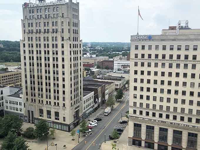 Classic downtown architecture towers above, reminding you that cities with character don't have to cost a fortune.