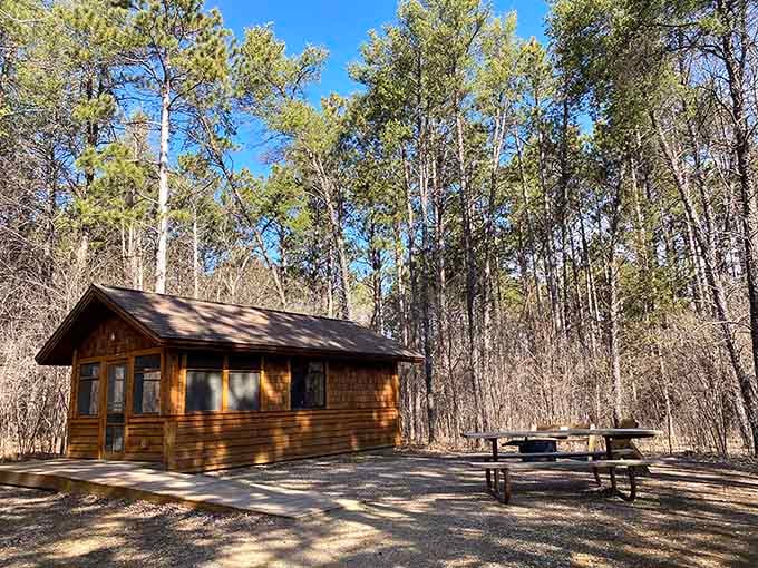 A cozy cabin nestled in the woods where you can pretend you're a pioneer, minus the hardship and with better plumbing.