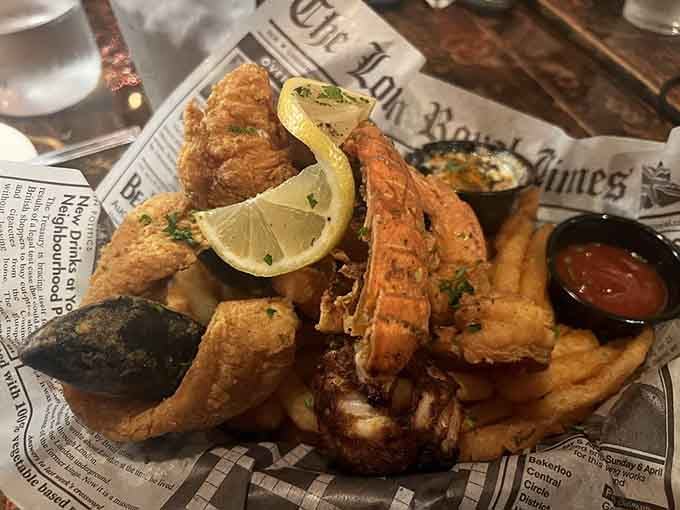 Golden fried seafood arrives like treasure from the deep, complete with lemon wedges and zero regrets.