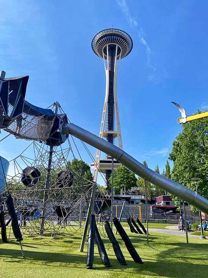 The Space Needle watches over this playground paradise like a proud parent at a school recital.