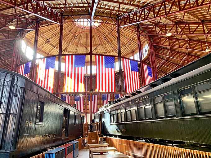 Inside this cathedral of locomotives, even the flags seem to salute the machines that built America.