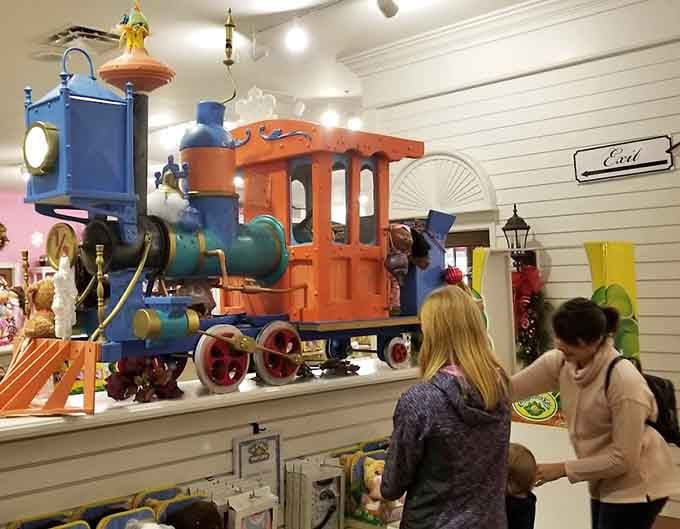 A whimsical train display that looks like it escaped from a fever dream about childhood. The kids absolutely love it.