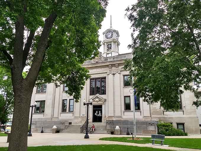 The Sauk County Courthouse commands respect with its classical design, standing watch over downtown like a dignified guardian of justice.