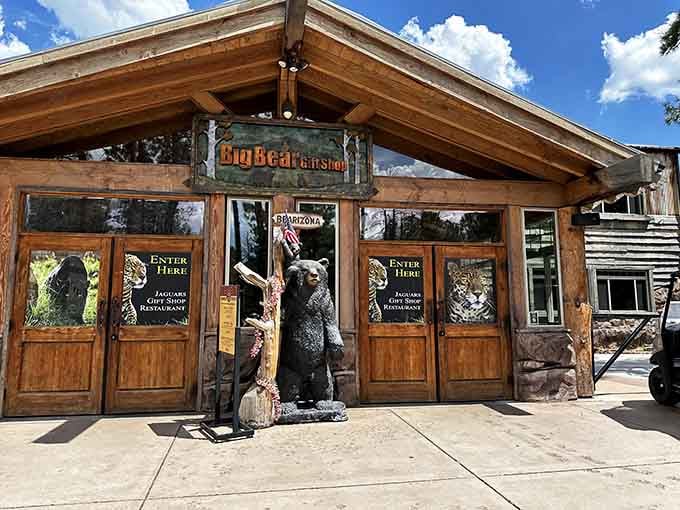 The Big Bear Gift Shop entrance promises treasures inside, guarded by a bear who takes his security job very seriously.