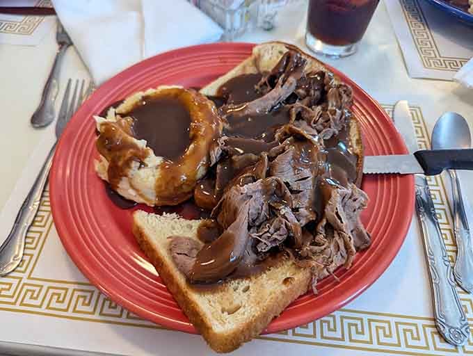 Pot roast so tender it practically falls apart on your fork, served the way grandma would if she ran a cafe.