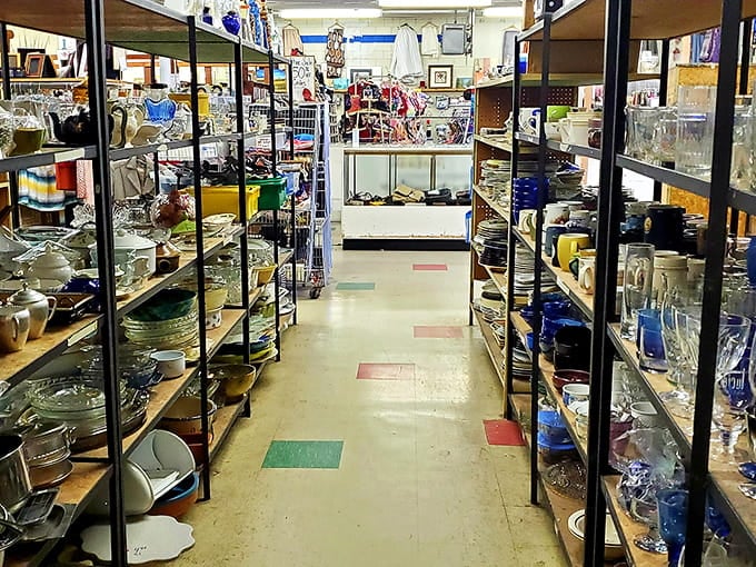 Shelves packed with glassware and dishes that once graced dinner tables now await their next family gathering adventure.