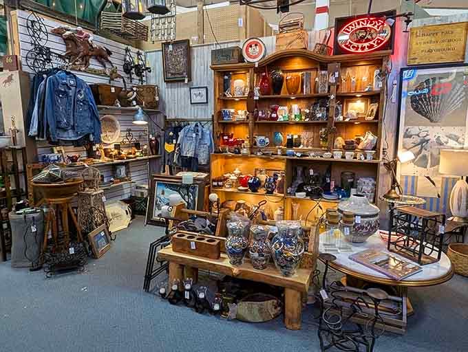 Rustic meets eclectic in this perfectly curated chaos where vintage signs share space with denim jackets and collectibles.