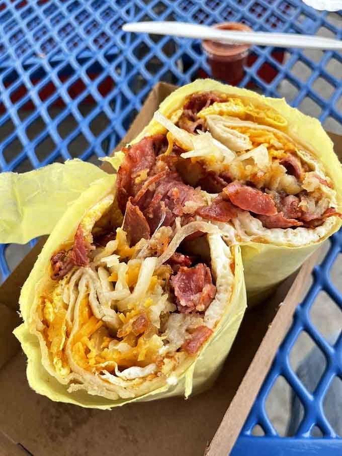 Behold the breakfast burrito in all its glory&mdash;eggs, potatoes, cheese, and bacon wrapped in a perfect tortilla embrace. Morning salvation has arrived.