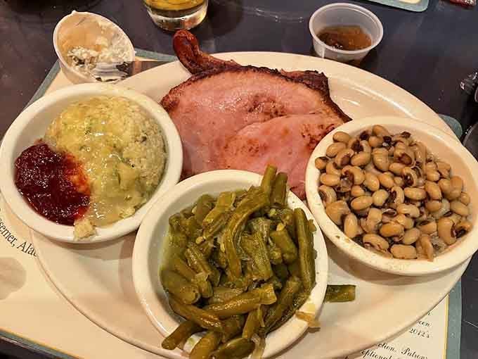 This ham plate comes with enough Southern sides to make your grandmother nod approvingly from across the room.