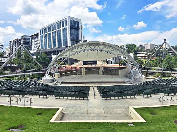Cascades Park's amphitheater waits for its next performance like an empty stage in a dream. Urban renewal never looked so inviting.