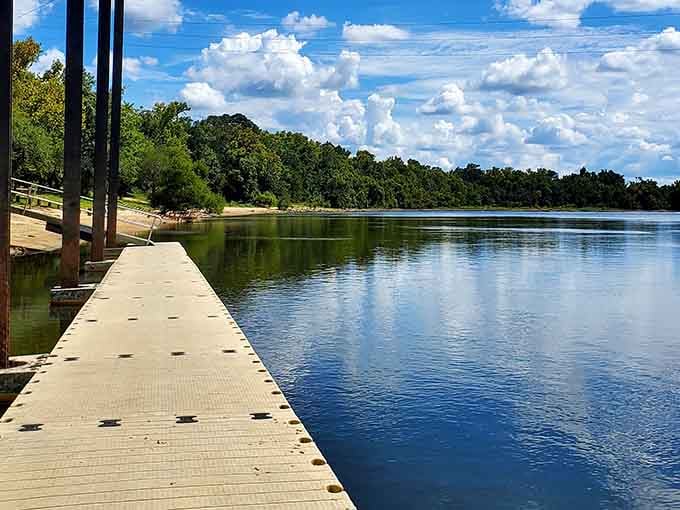 The boat dock at Chattahoochee River Landing stretches into water so calm it looks Photoshopped, but it's gloriously real.