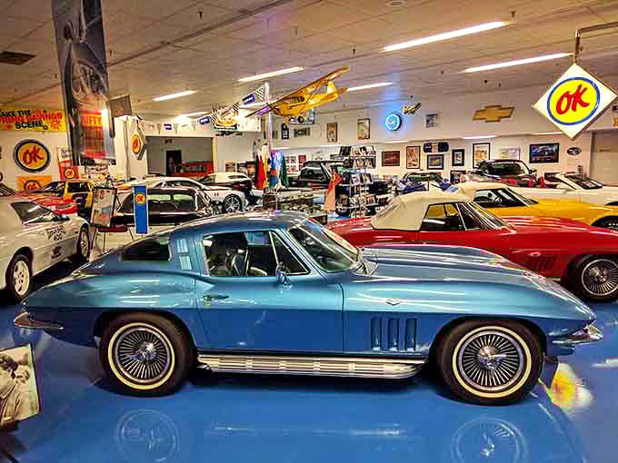 Classic Corvettes gleam under perfect lighting, a shrine to American engineering where every car tells a story of its era. That blue '63 split-window? Pure automotive poetry.