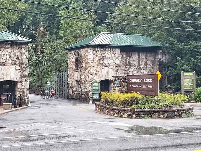 The stone entrance to Chimney Rock State Park welcomes you like the gateway to nature's own cathedral.