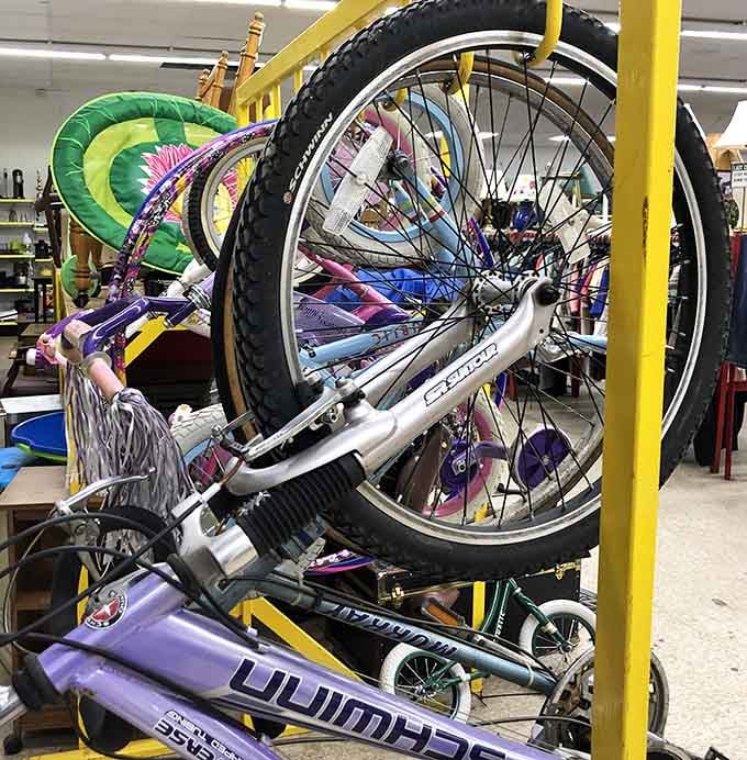 Bikes waiting for their next adventure, because someone's abandoned fitness resolution could be your new weekend joy ride.