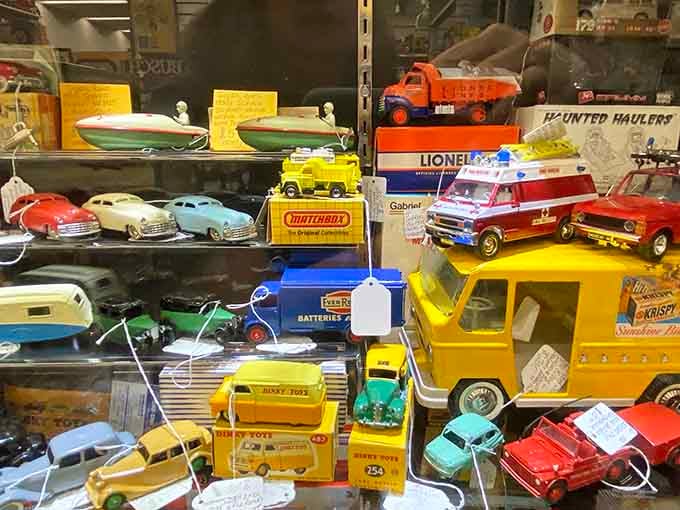 Matchbox and Lionel toys in colors so vibrant they make modern plastic look positively depressed about its life choices.