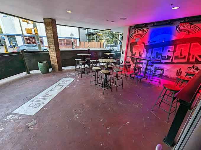 The outdoor patio offers fresh air and people-watching between rounds of digital combat and cold beverages.