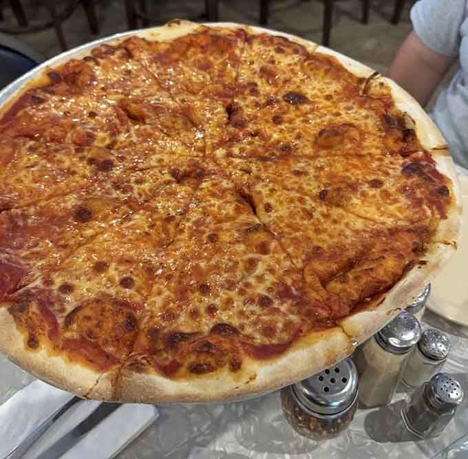 Behold the platonic ideal of thin-crust pizza, achieving that magical balance between crispy edges and tender center perfection.