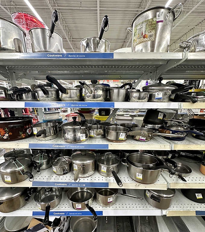 Pots and pans galore! Julia Child would have a field day outfitting an entire kitchen for the price of one fancy department store skillet.