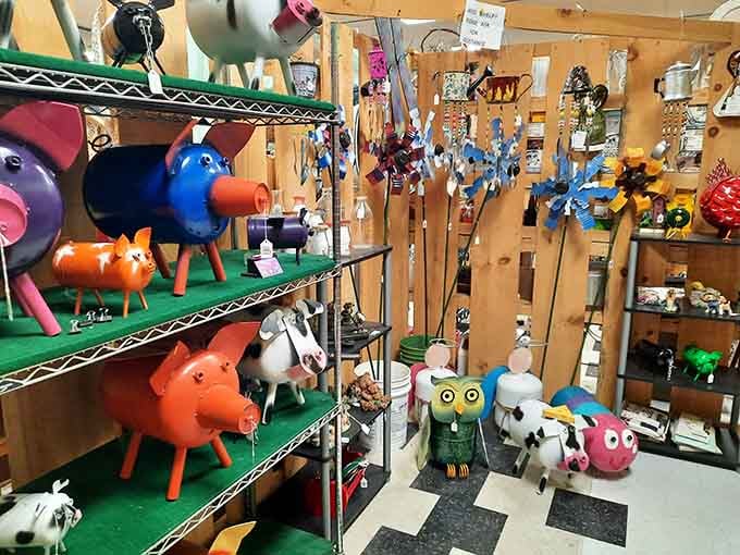 Whimsical metal farm animals prove that yard art doesn't have to be boring, just delightfully weird and wonderfully colorful.