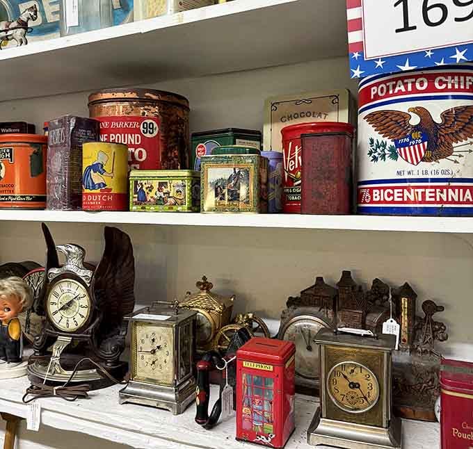 Tin containers and timepieces huddle together like old friends, each one a portal to an era of better design.