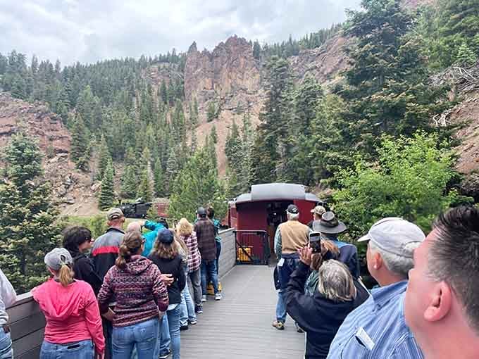 Passengers gather on the open gondola car, proving that the best seats sometimes come without roofs or climate control.