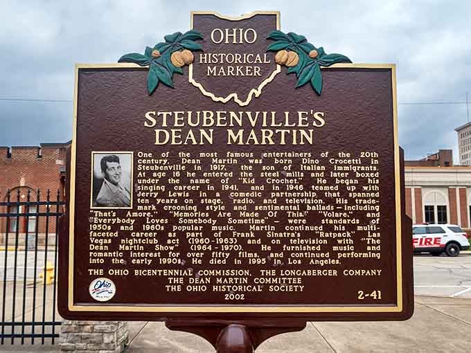 Dean Martin's historical marker reminds us that before Auto-Tune, talent was actually required. Steubenville's favorite son crooned his way from these streets to Hollywood stardom.