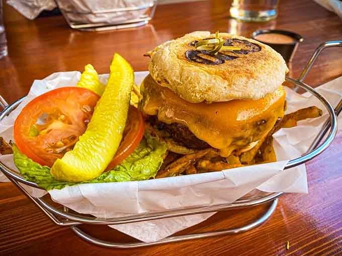The Marilyn burger arrives with bacon, cheddar, and a fried egg that's ready for its close-up.