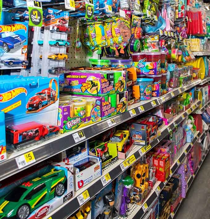 Hot Wheels and bubble makers line the shelves, proving kids' happiness doesn't require draining your retirement fund.