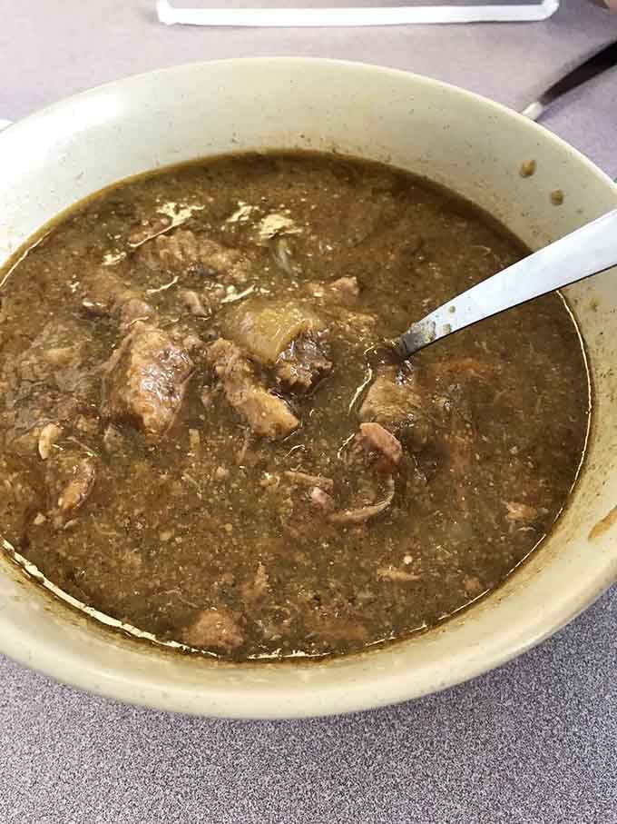 This bowl of green chile is what dreams are made of, thick with chunks of tender pork swimming in perfection.