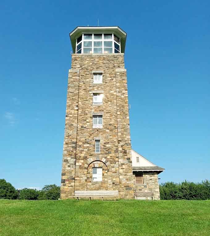 That stone observation tower stands sentinel over the reservoir like a lighthouse that forgot it's landlocked.