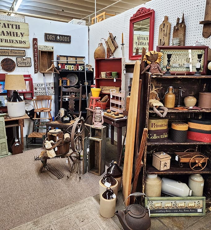 Primitives and country charm stacked high, with a collection of vintage treasures that tell a story of the past.