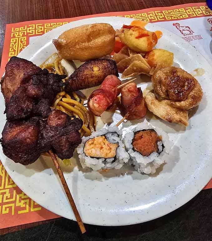 When your plate looks like a greatest hits album of Asian cuisine, you know you're doing buffets right.