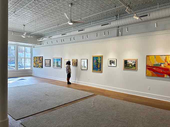 Art finds a home in Galesburg's gallery spaces, where local creativity flourishes without big-city pretension. This viewer contemplates works that speak with prairie authenticity.